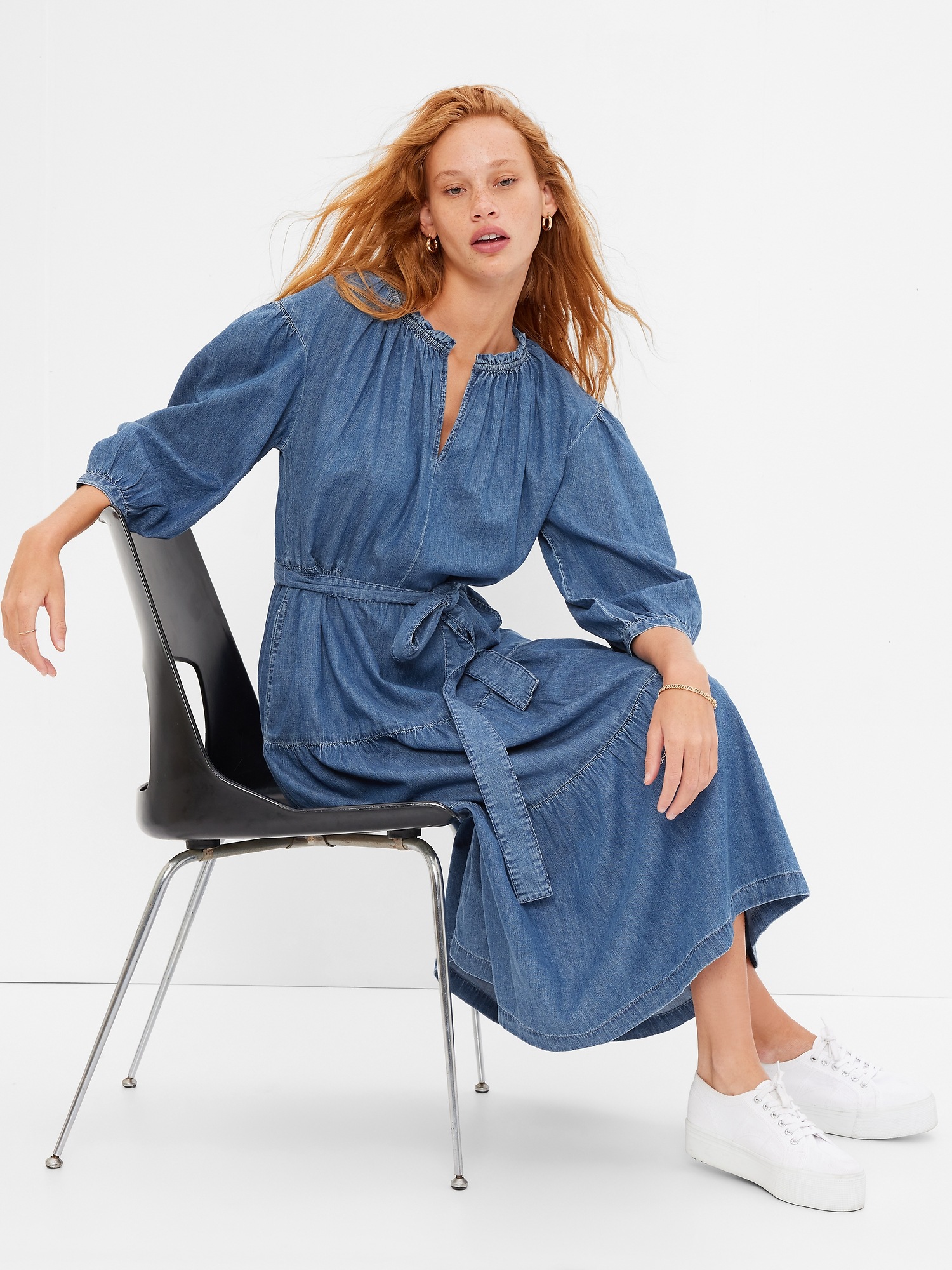 Puff Denim Tiered Midi Dress with Washwell | Gap