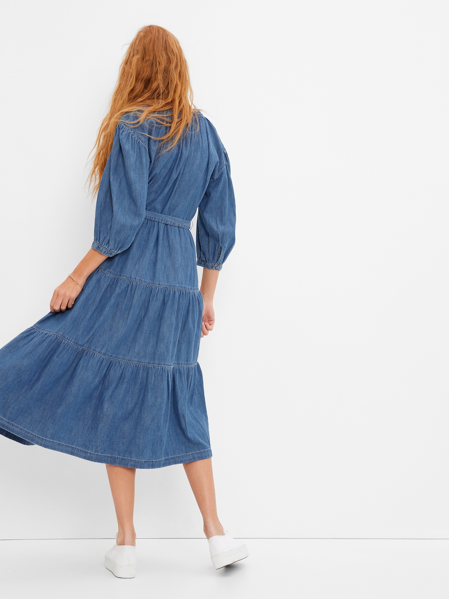 Puff Denim Tiered Midi Dress with Washwell | Gap